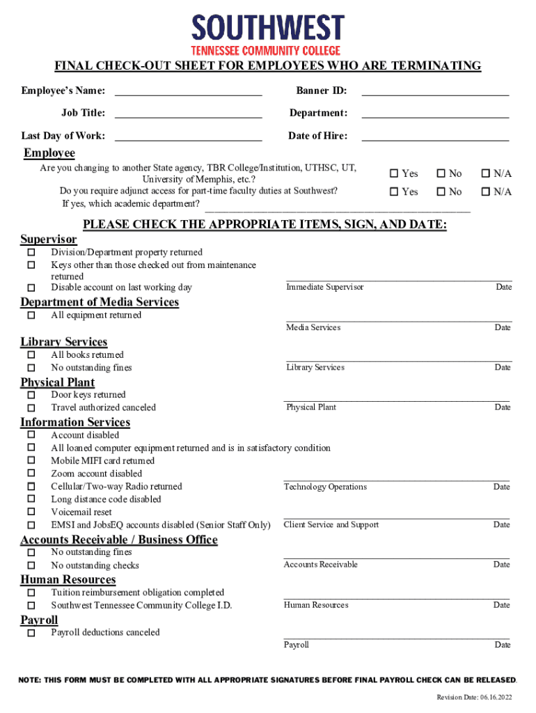 Fillable Online Final Check-Out Sheet for Employees - Southwest.tn.edu ...
