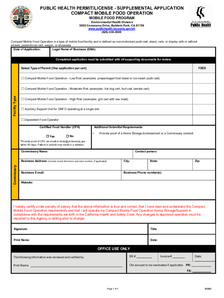 Fillable Online publichealth lacounty Public Health Permit/License - Supplemental Application ...