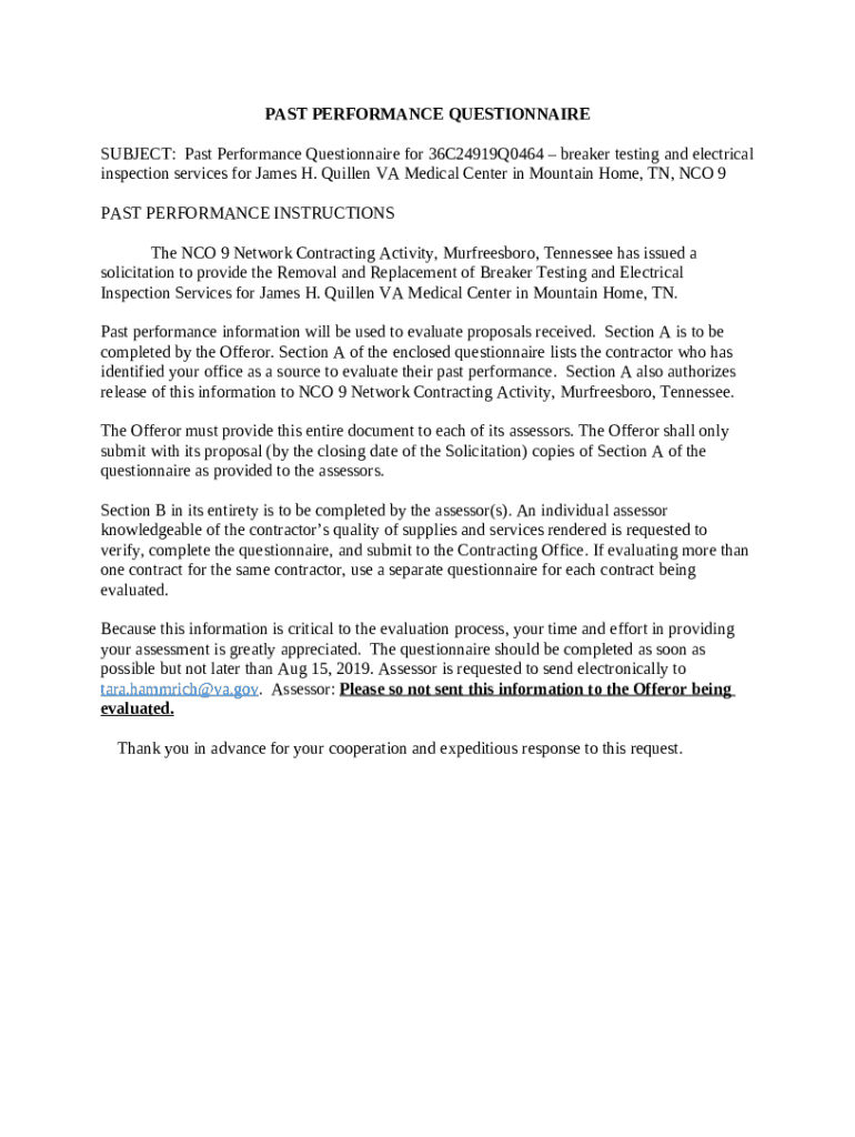 Past Perance Questionnaire for 36C24918R0223 for ... Doc Template ...