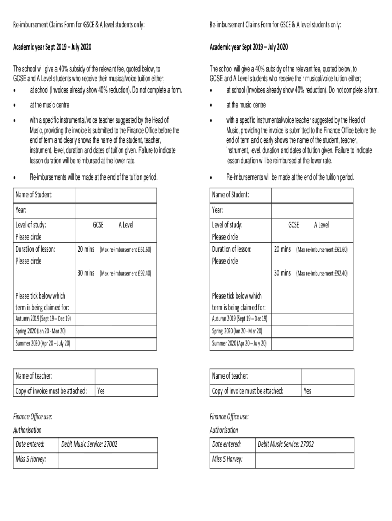 Fillable Online Re-imbursement Claims Form for GSCE & A level students ...