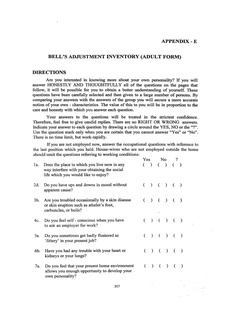Fillable Online APPENDIX -E BELL'S ADJUSTMENT INVENTORY (ADULT FORM ... Fax Email Print - pdfFiller