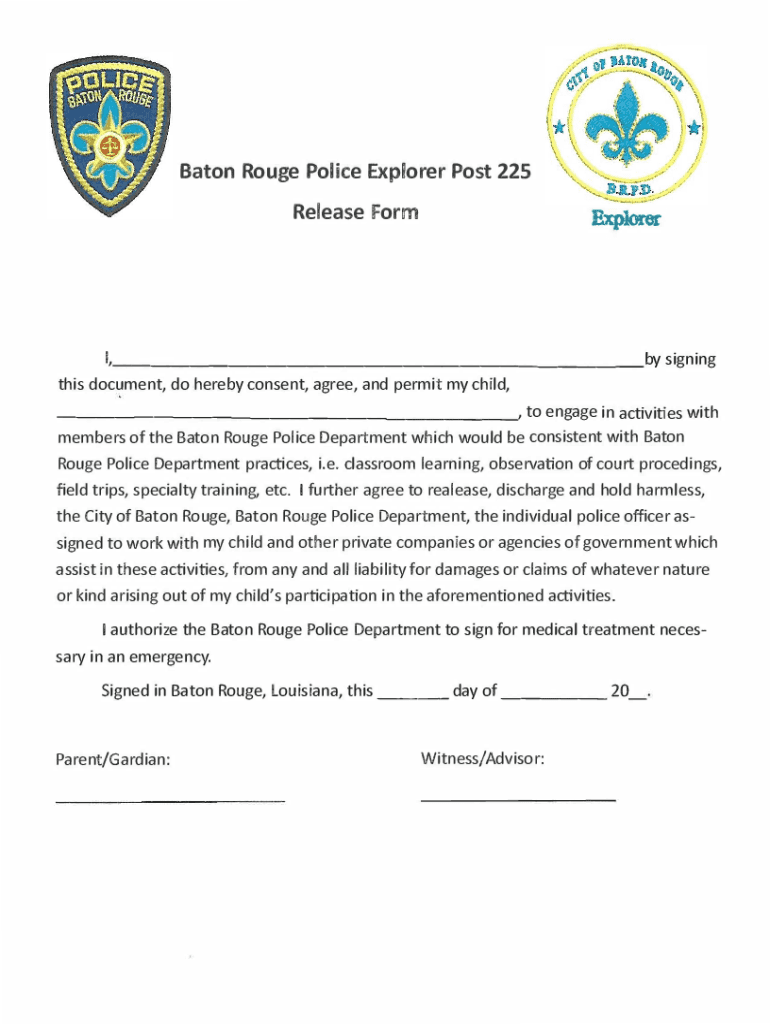 Fillable Online Baton Rouge Police Explorer Post 225 Release Form ...