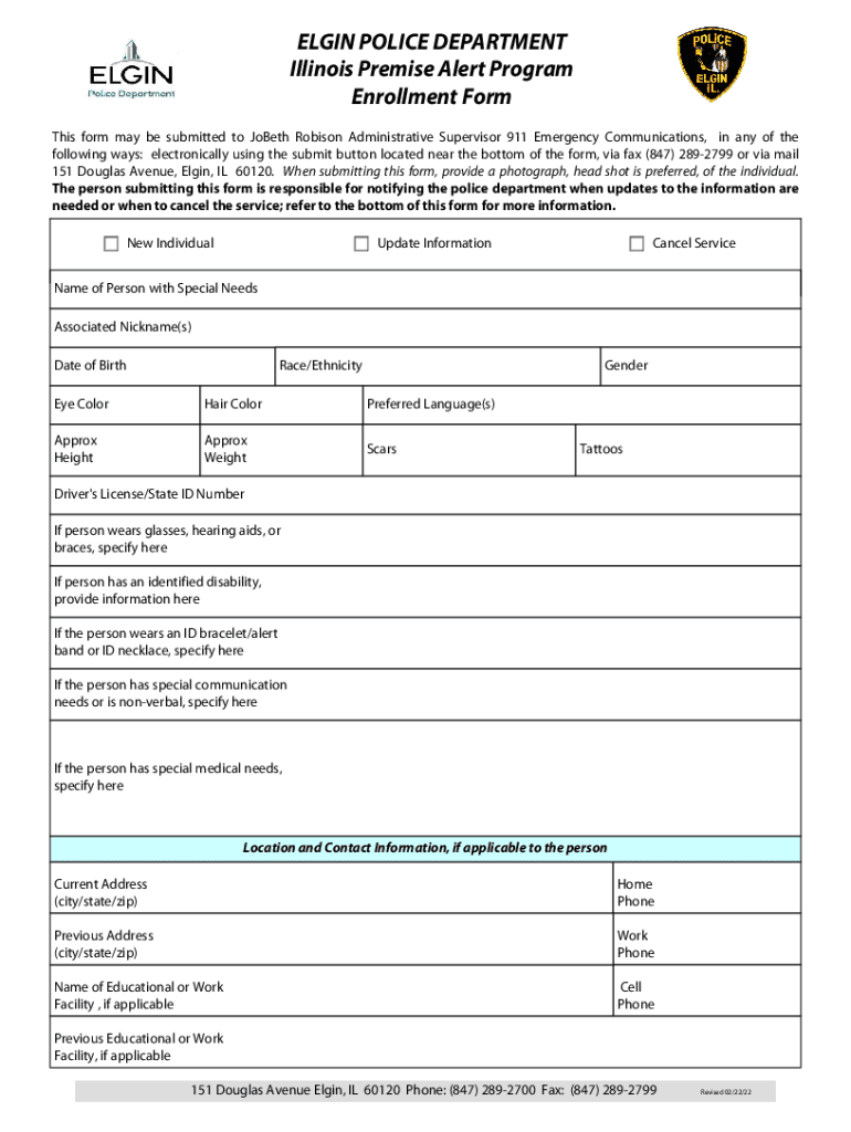 Fillable Online ELGIN POLICE DEPARTMENT Illinois Premise Alert Program ...