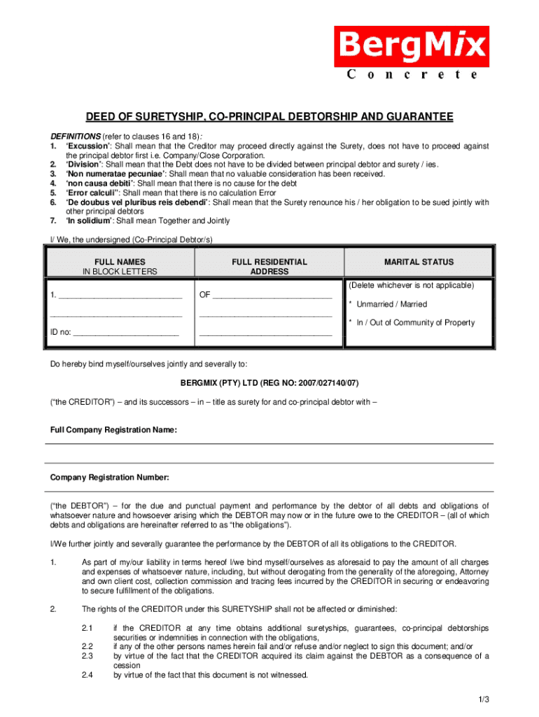 Fillable Online deed of suretyship co-principal debtorship and guarantee Fax Email Print - pdfFiller
