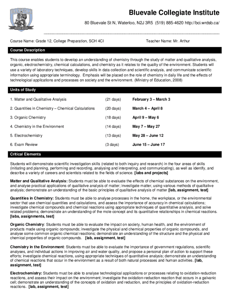 Fillable Online Bluevale Collegiate Institute - Mr. Arthur's Science ...