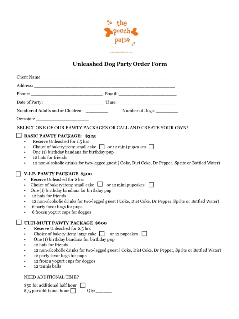 Fillable Online Unleashed Dog Party Order Form Fax Email Print - pdfFiller
