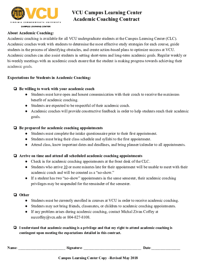 Fillable Online VCU Campus Learning Center Academic Coaching Contract ...