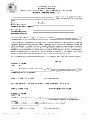 Fillable Online Hold Harmless Affidavit - Change of Contractor Fax ...