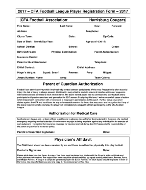 Fillable Online CFA Football League Player & Cheer Registration Form ...