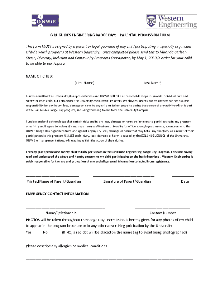 Fillable Online girl guides engineering badge day: parental permission ...