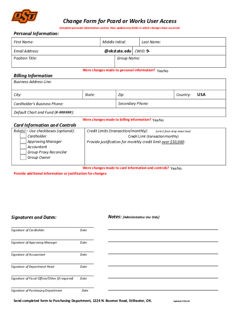 Fillable Online Change Form for Pcard or Works User Access Fax Email ...