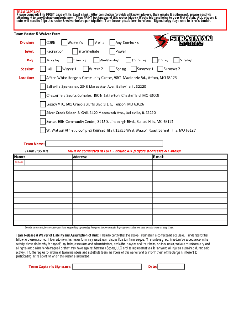 Fillable Online Team Roster & Waiver Form Division: COED Women's Men's Any ... Fax Email Print ...