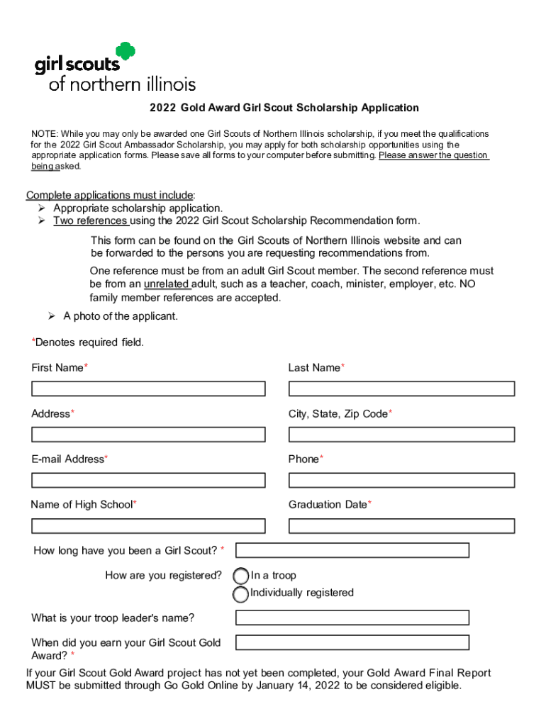 Fillable Online 2022 Gold Award Girl Scout Scholarship Application. Application for Girl Scout ...