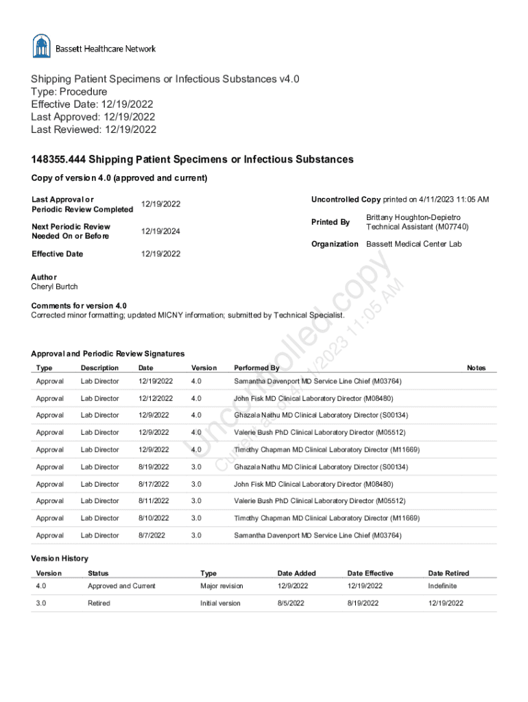 Fillable Online Laboratory Medicine Procedure for the Transportation ...