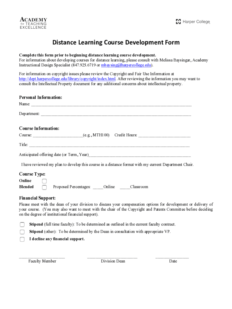 Fillable Online Distance Learning Course Development Form Fax Email ...