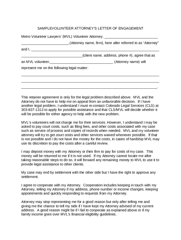 sample volunteer attorney's engagement agreement Doc Template | pdfFiller
