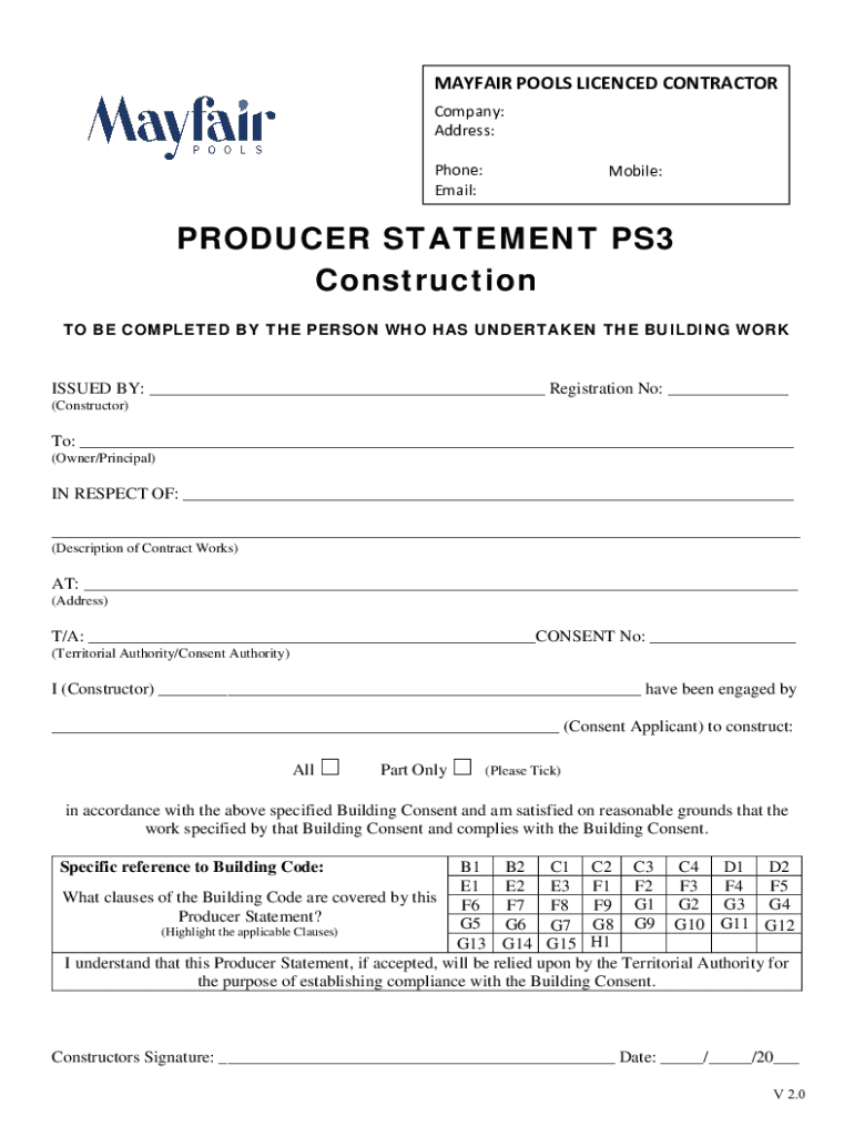 Fillable Online PRODUCER STATEMENT PS3 Construction Fax Email Print - pdfFiller