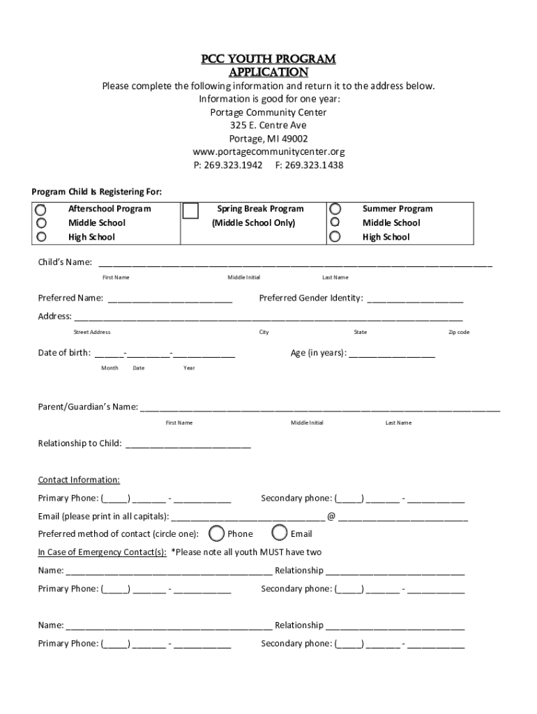 Fillable Online PCC YOUTH PROGRAM APPLICATION Please complete ... Fax ...