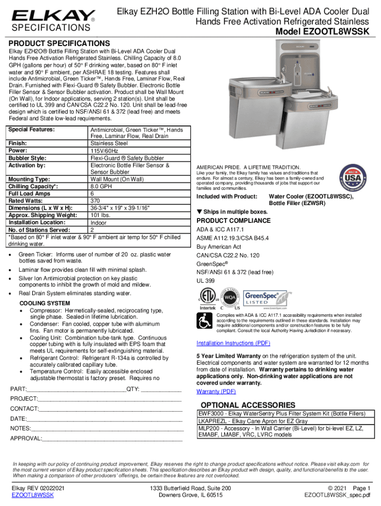 Fillable Online Elkay EZH2O Bottle Filling Station with Bi-Level ADA Cooler Dual Fax Email Print ...