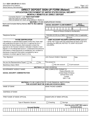 Fillable Online SSA-1199-OP130 - Direct Deposit Sign-Up Form (Malawi ...