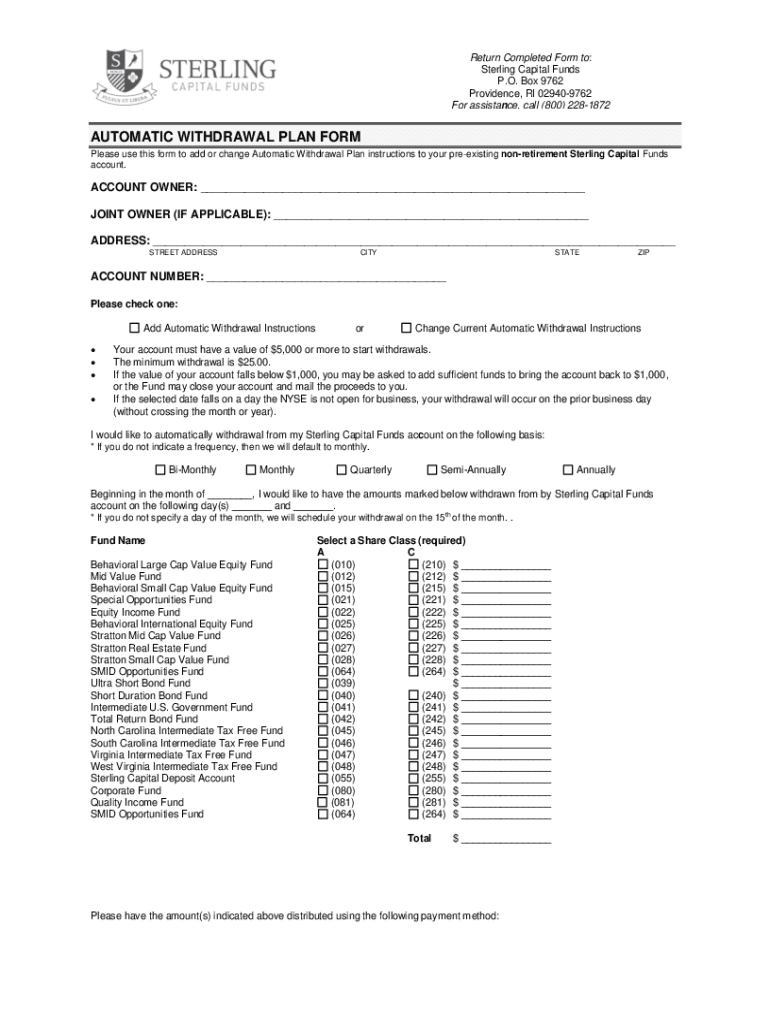 Fillable Online Fillable Online AUTOMATIC WITHDRAWAL PLAN FORM Fax ...