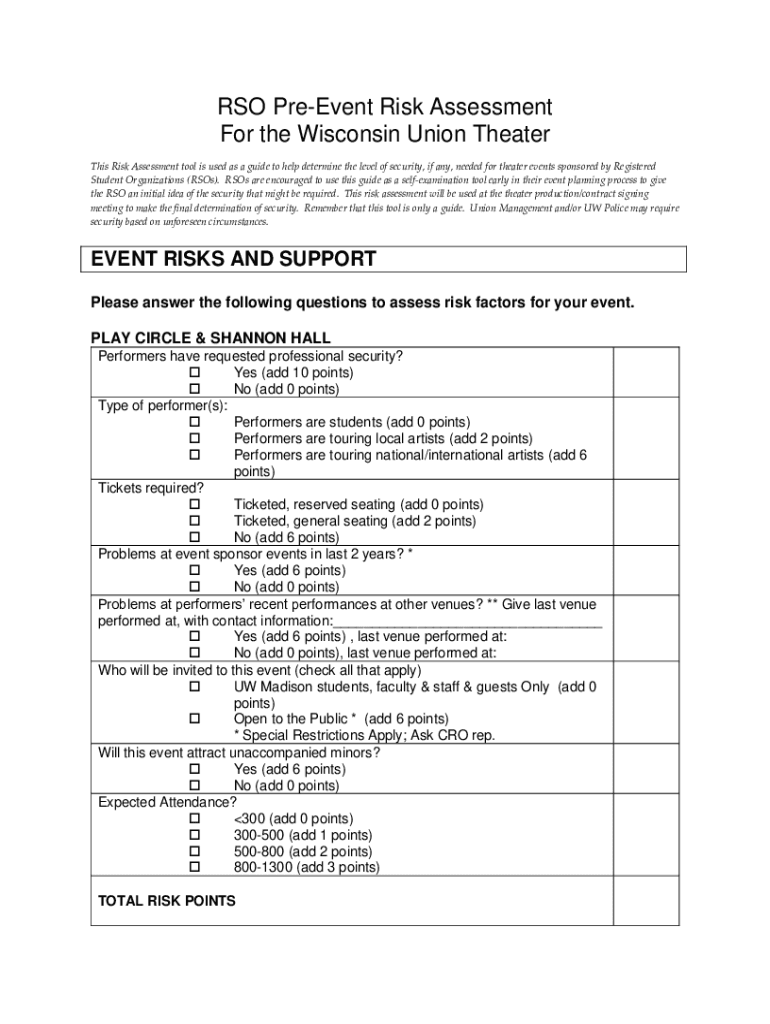 Fillable Online RSO Pre-Event Risk Assessment For the Wisconsin Union ...