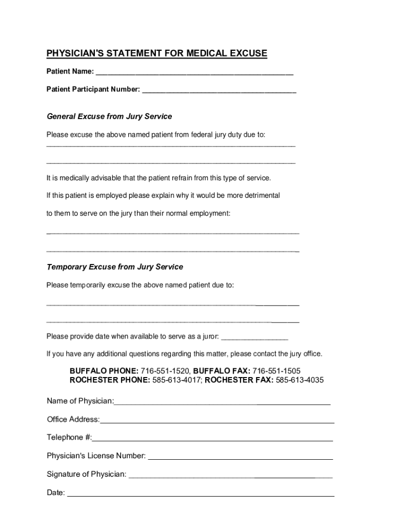 Fillable Online PHYSICIAN'S STATEMENT FOR MEDICAL EXCUSE Fax Email Print - pdfFiller