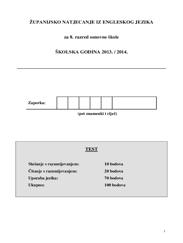 Fillable Online UPANIJSKO NATJECANJE IZ ENGLESKOG JEZIKA za 8. razred ... Fax Email Print ...