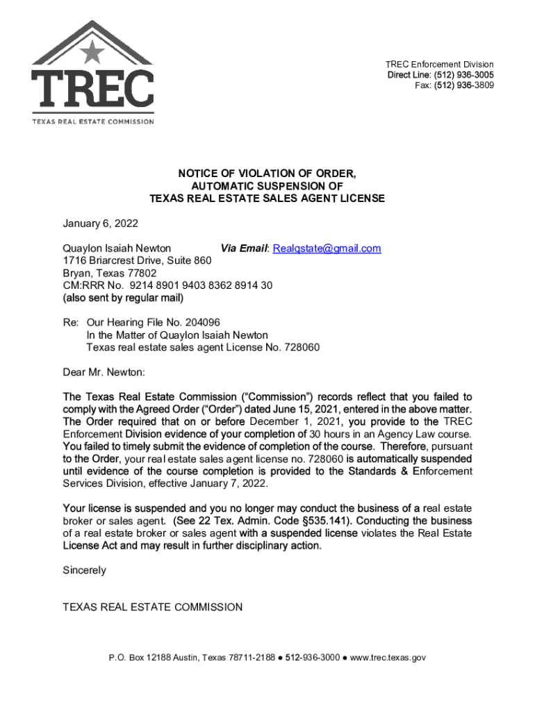 Fillable Online notice of violation of order - TREC - Texas.gov Fax ...
