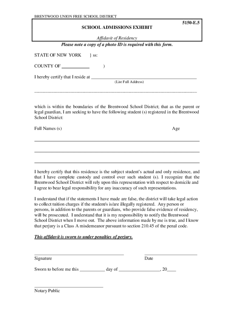 Fillable Online 5150-E.6 School Admissions Exhibit Affidavit of Legal ...