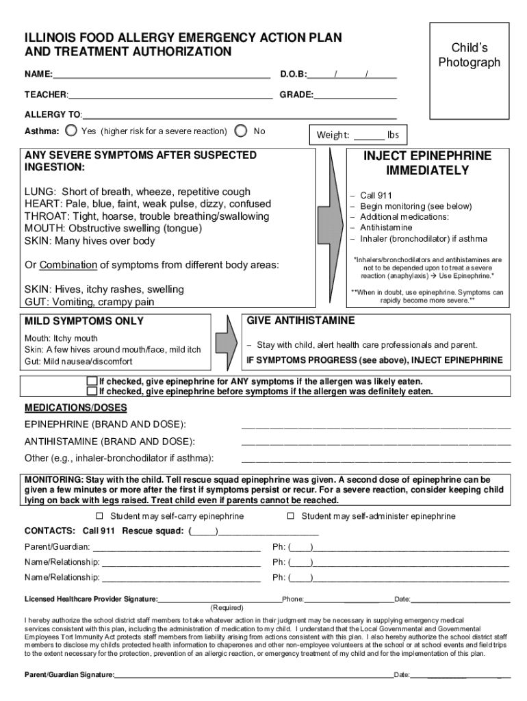 Fillable Online illinois food allergy emergency action plan and ...
