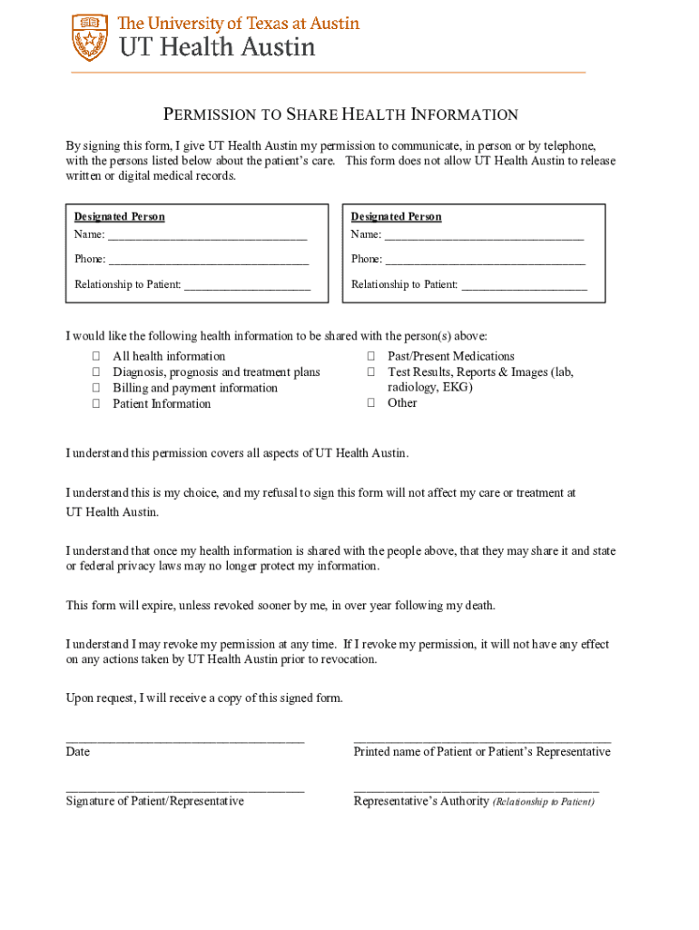 Fillable Online PERMISSION TO SHARE HEALTH INFORMATION Fax Email Print ...