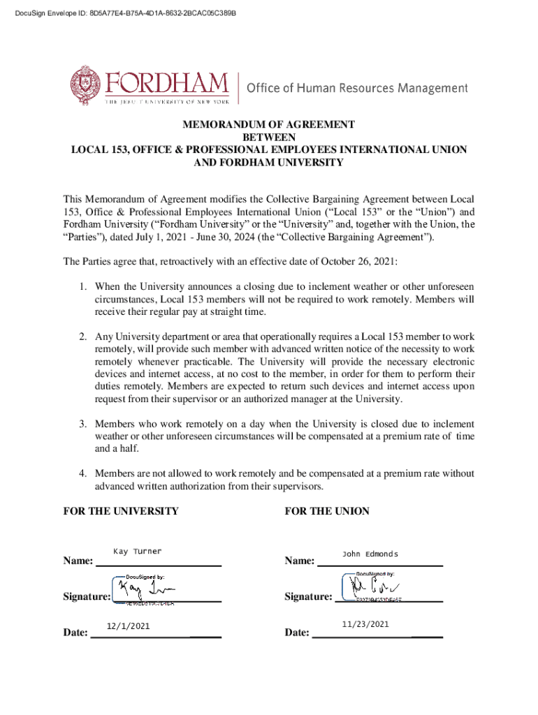 Fillable Online Memorandum of Agreement between Local 153, Office ...