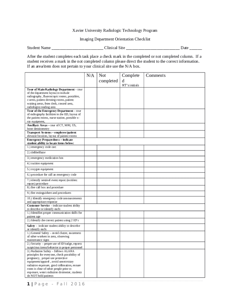 Radiology Department Orientation Checklist at Isla Lascelles blog