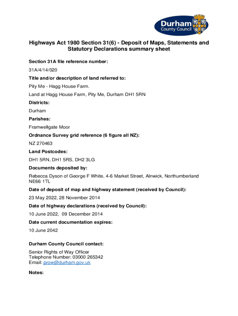 Fillable Online Highways Act 1980 Section 31(6) - Deposit of Maps, Statements and ... Fax Email ...