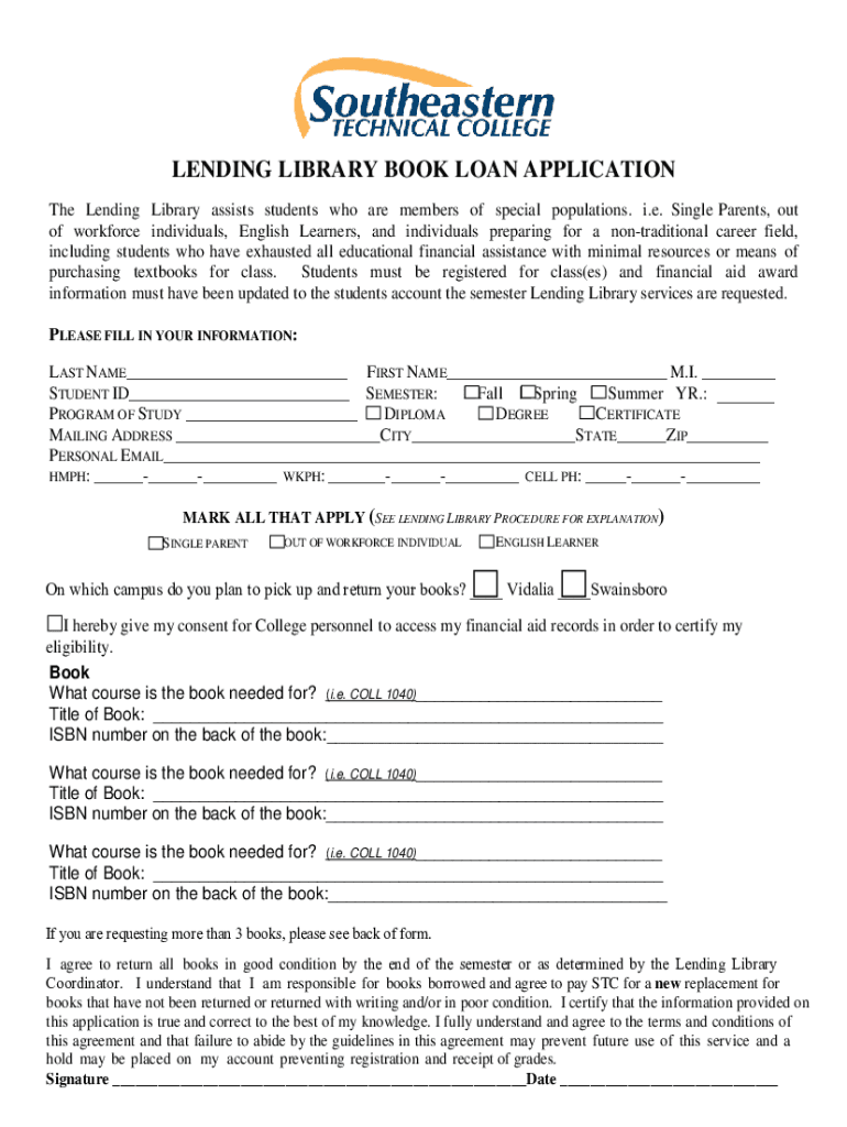 Fillable Online Free fillable LENDING LIBRARY BOOK LOAN APPLICATION ...