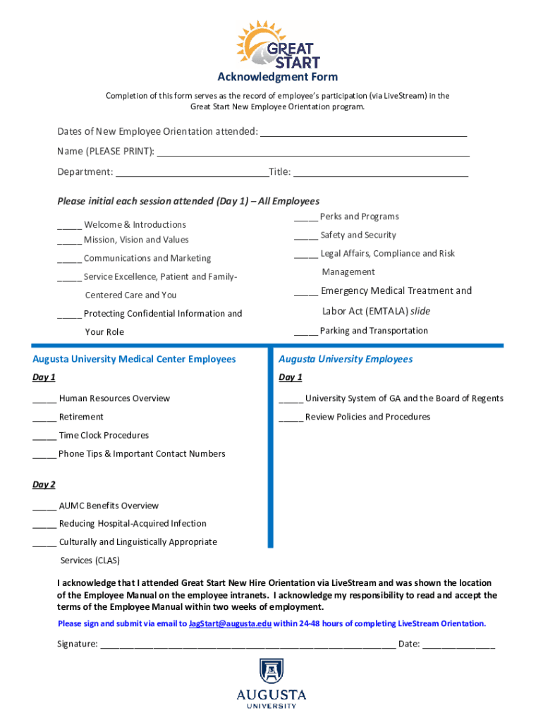 Fillable Online Augusta University New Hire Orientation Guide Fax Email ...
