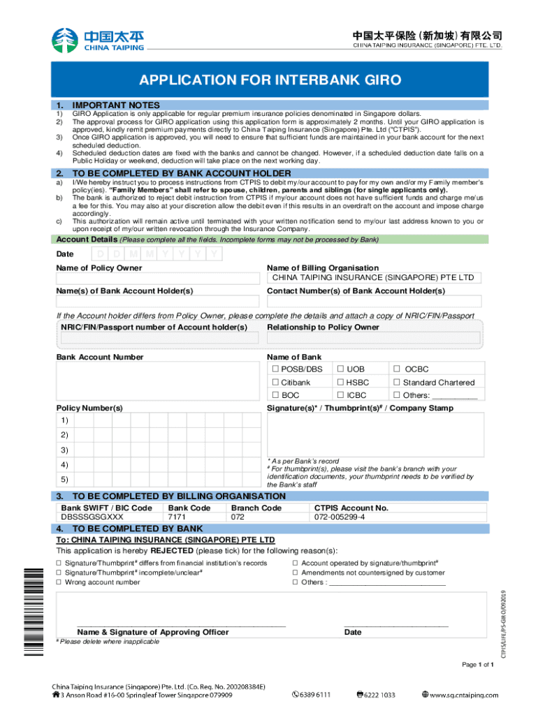 Fillable Online Application Form for Interbank GIRO - Tokio Marine Fax ...