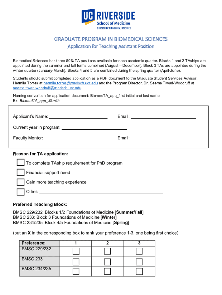 Fillable Online biomed ucr GRADUATE PROGRAM IN BIOMEDICAL SCIENCES ...