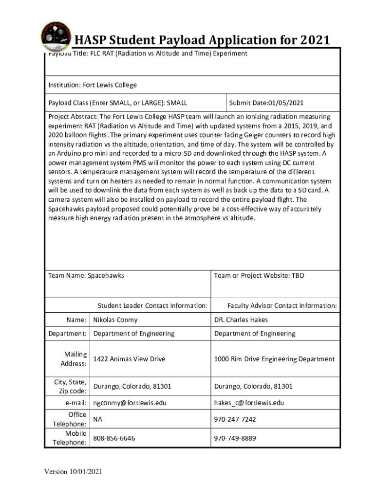 Fillable Online laspace lsu HASP Student Payload Application for 2021 ...