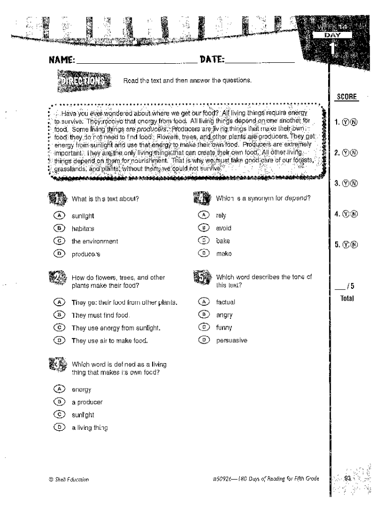 Fillable Online 5th Grade Reading Packet. 5th Grade Reading Packet Fax ...