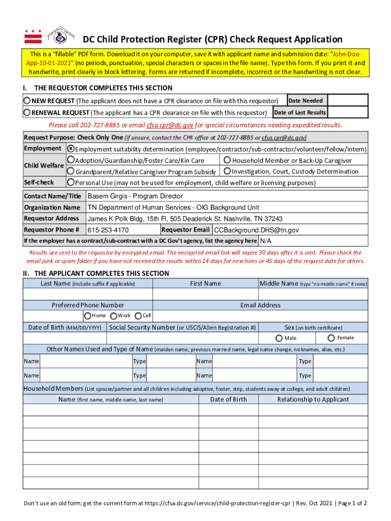 Fillable Online Child protection register application dc: Fill out ...