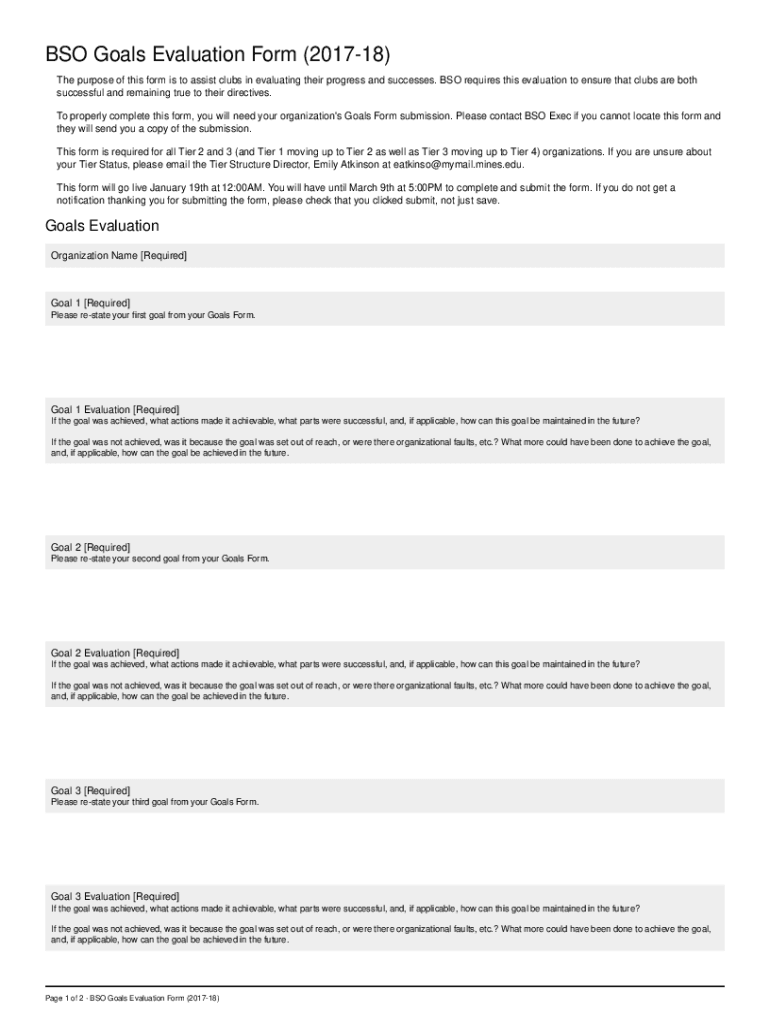Fillable Online BSO Goals Evaluation Form (2017-18). Board of Student ...
