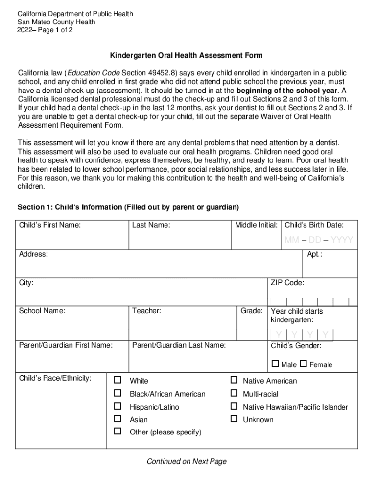 Fillable Online Kindergarten Oral Health Assessment Form Fax Email ...