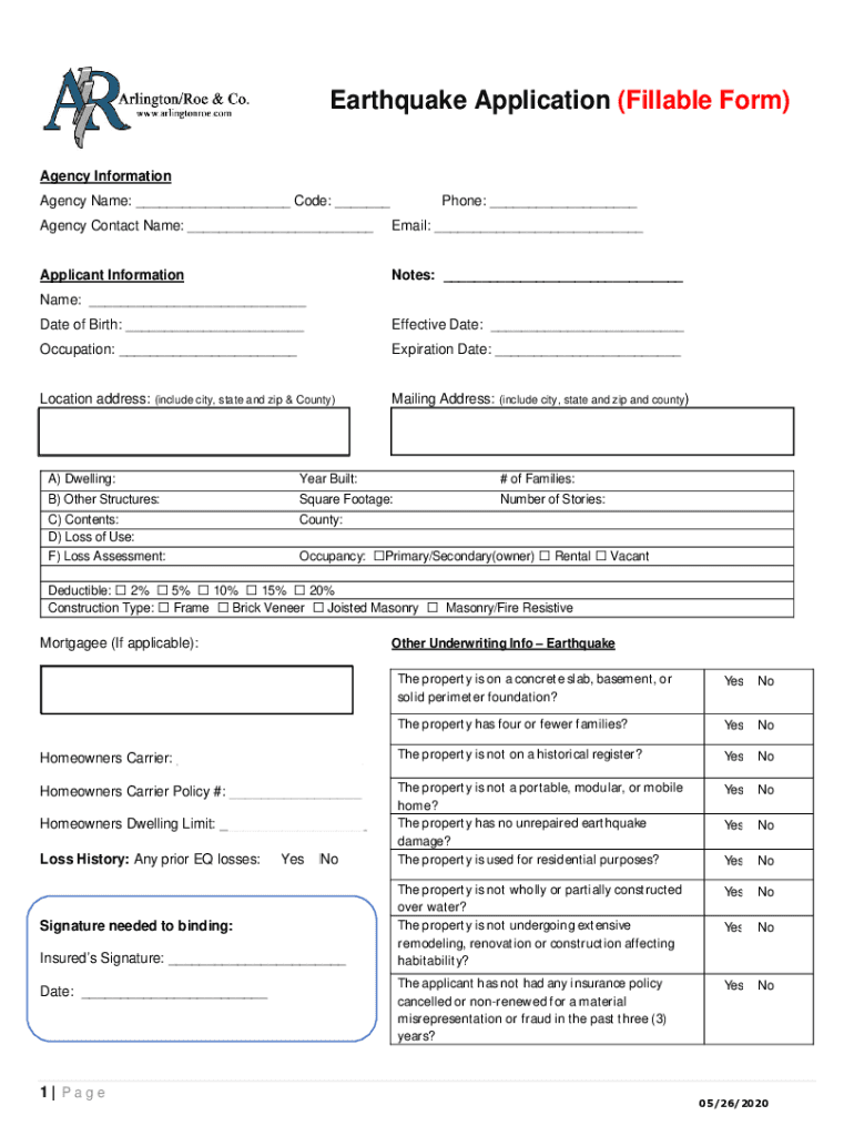 Fillable Online Earthquake Application (Fillable Form) Fax Email Print ...