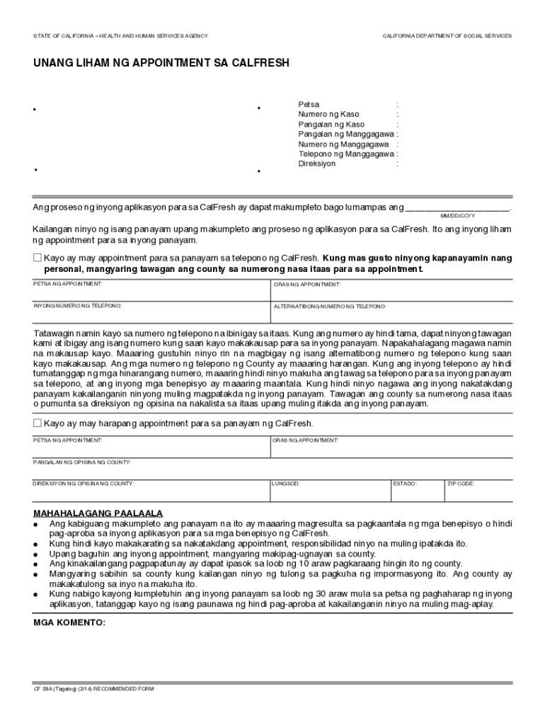 Fillable Online CF 29A (2/14) - CalFresh Initial Appointment Letter Fax ...