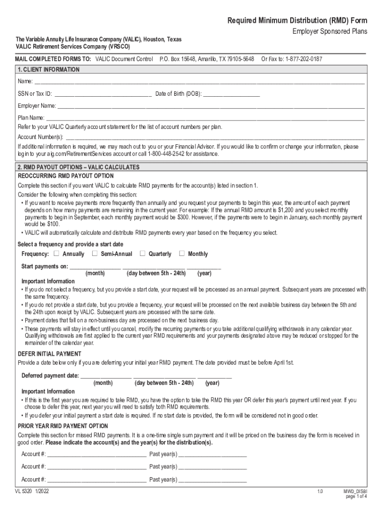 Fillable Online Required Minimum Distribution (RMD) Form - Valic Fax ...
