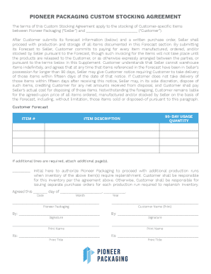 Fillable Online Pioneer Packaging Custom Stocking Agreement Fax Email ...