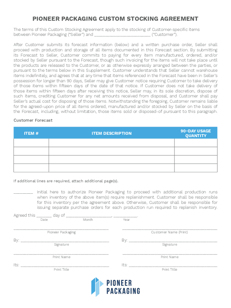 Fillable Online Pioneer Packaging Custom Stocking Agreement Fax Email ...