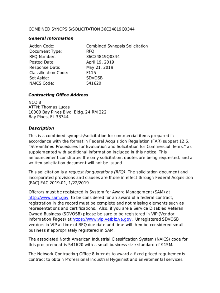 COMBINED SYNOPSIS/SOLICITATION 36C24819Q0344 Doc Template | pdfFiller